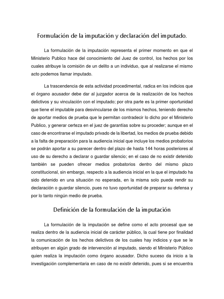 Formulación de La Imputación y Declaración Del Imputado | Procedimiento ...