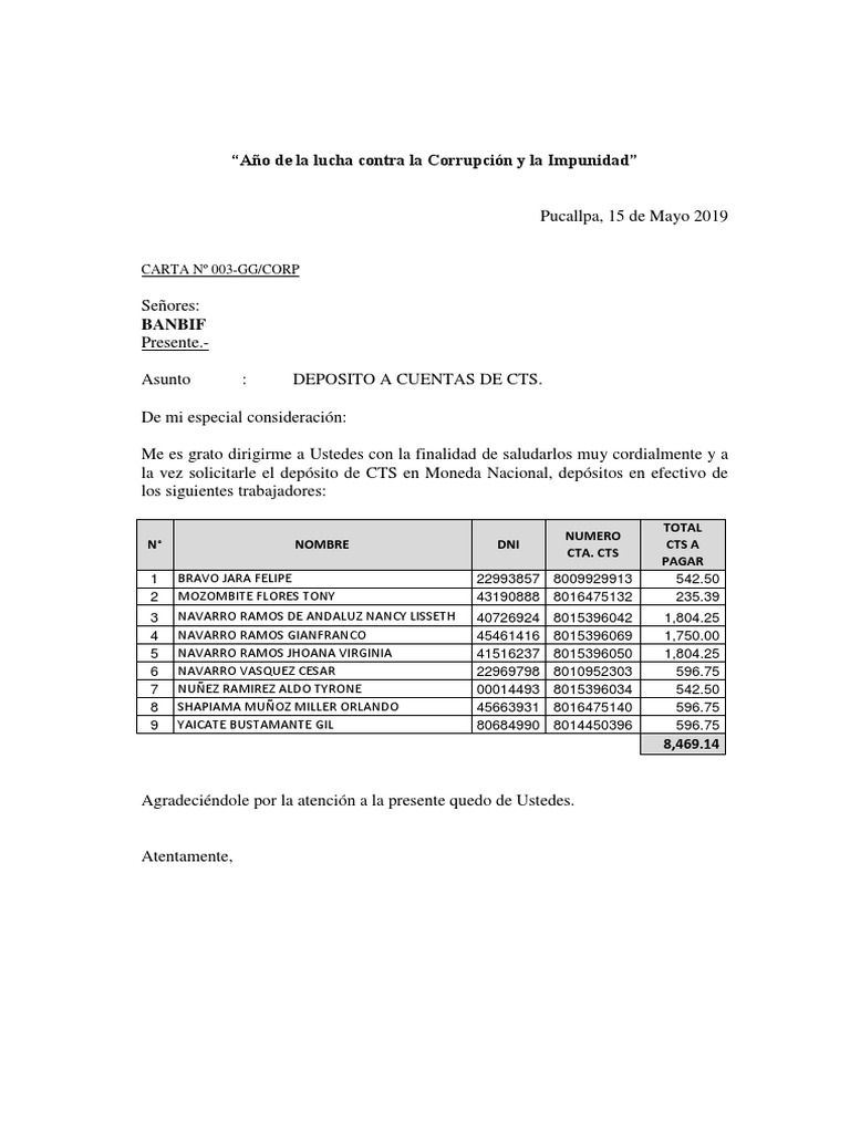 Carta Depósito CTS | PDF