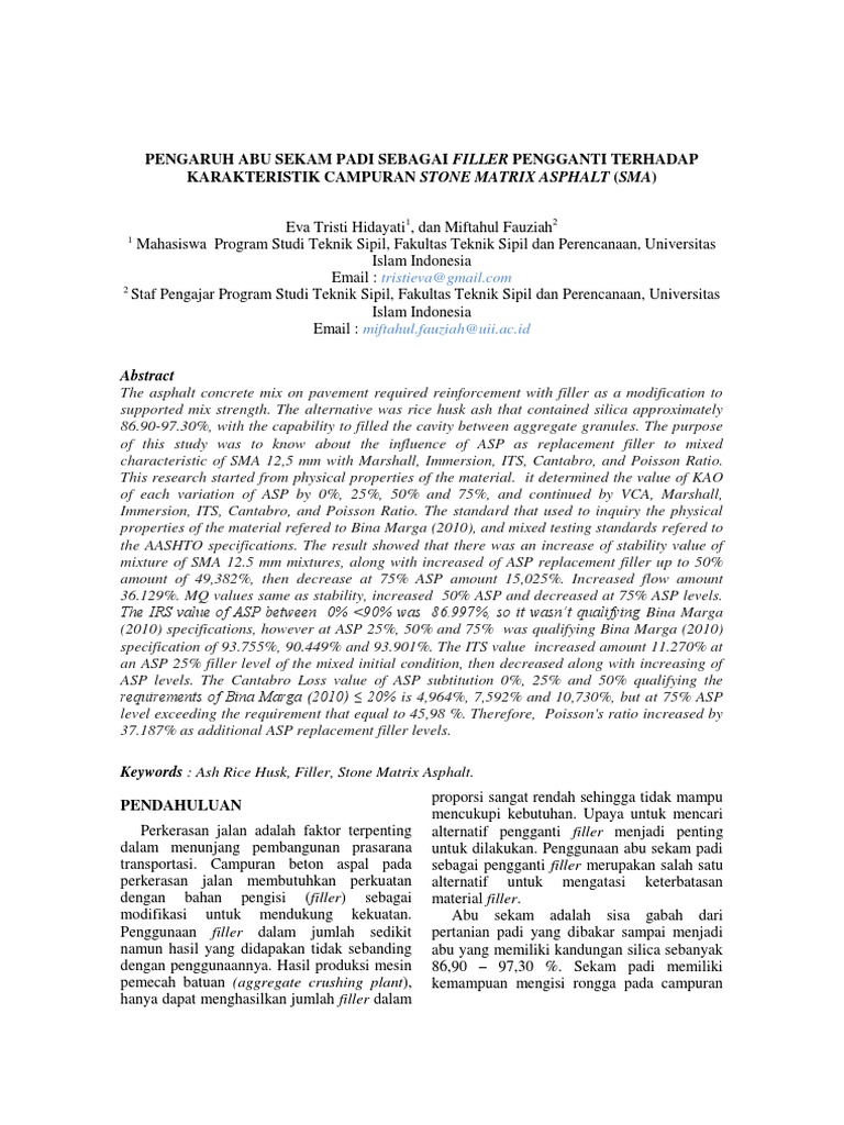 Pengaruh Abu Sekam Padi Sebagai Filler Pengganti Terhadap Karakteristik Campuran Stone Matrix ...