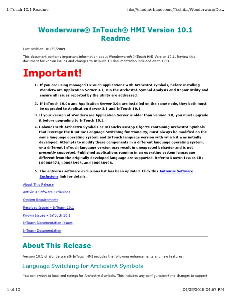 Wonderware InTouch 10.1 Readme PDF | PDF | Windows Vista | Windows ...