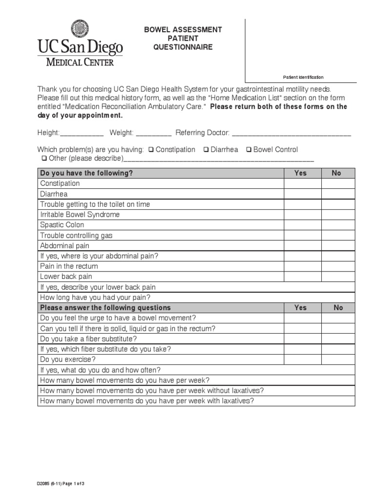 Bowel Assessment Patient Questionnaire | PDF | Constipation | Irritable ...