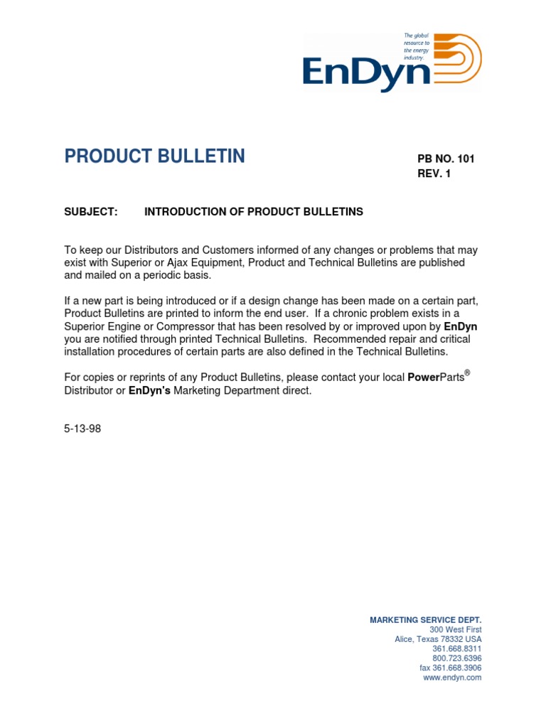 Product Bulletin: PB NO. 101 REV. 1 | PDF