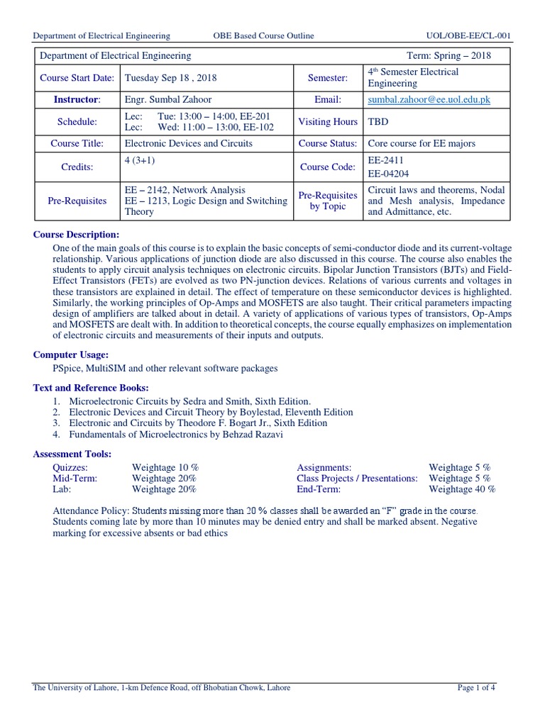 EDC Course Outline | PDF | Amplifier | Bipolar Junction Transistor