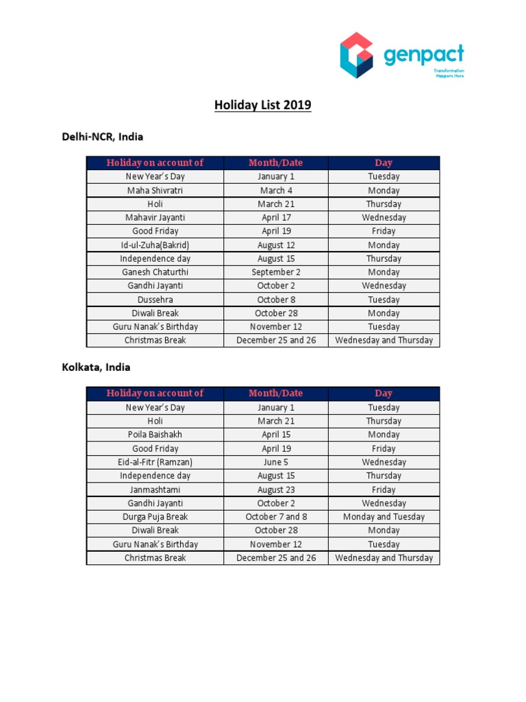 Holiday List 2019 | PDF | Observances | Holidays