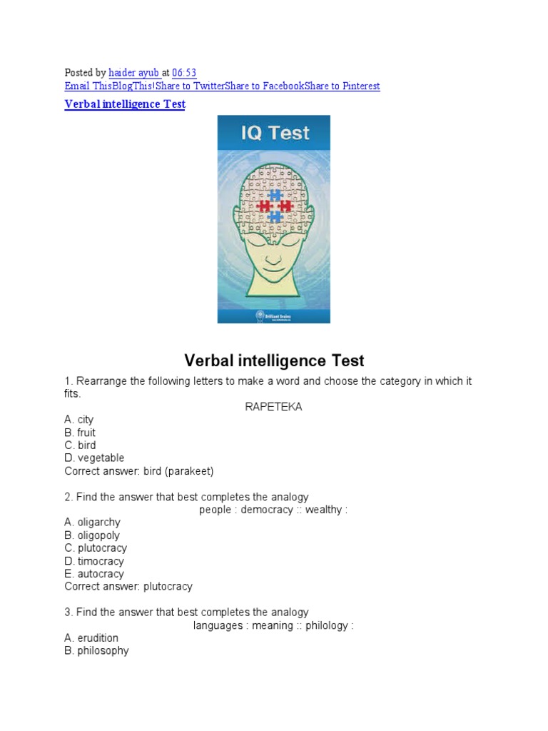 Verbal and Non-Verbal Intelligence Tests: A Guide | PDF | Word ...