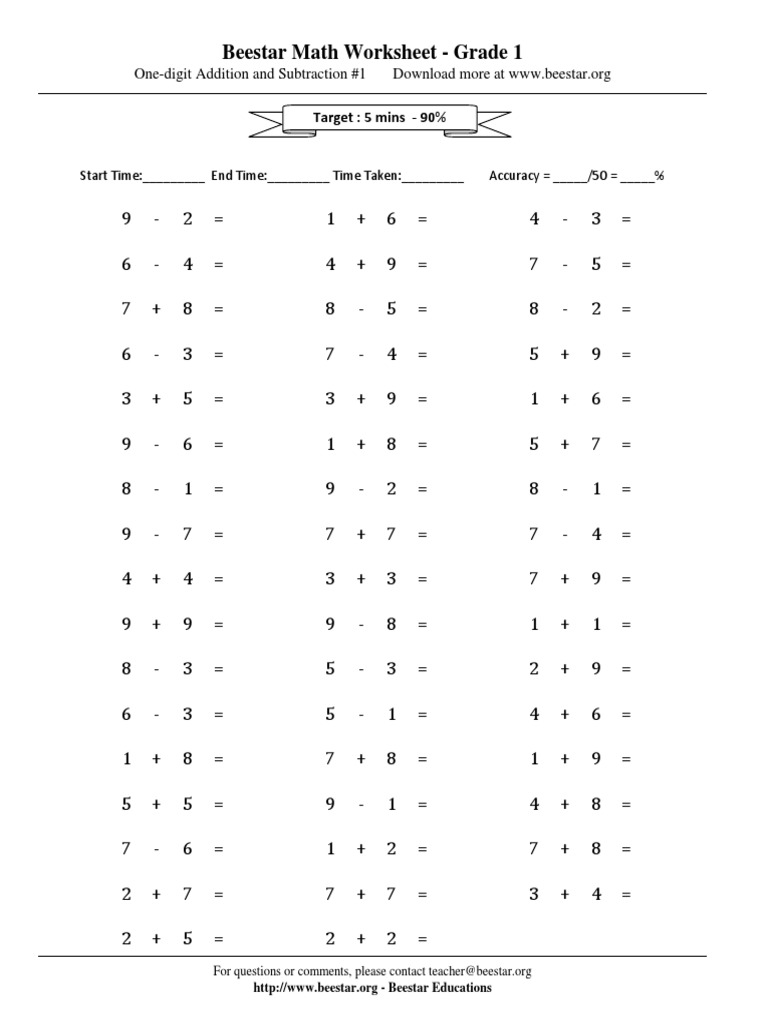 Beestar Math Worksheet - Grade 1: Target: 5 Mins - 90% | PDF