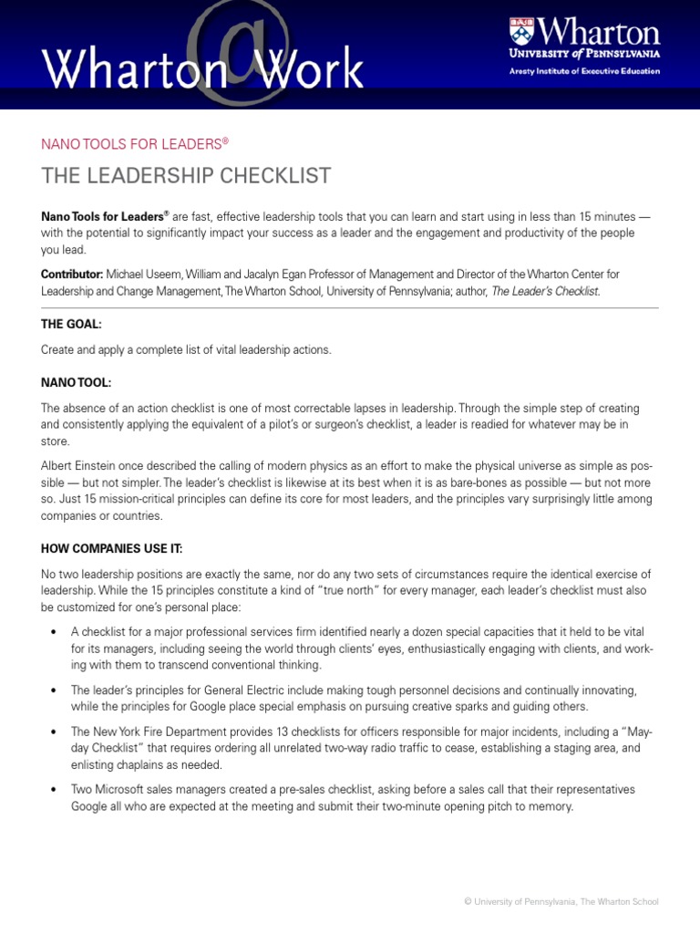Leaders Checklist | Download Free PDF | Wharton School Of The ...