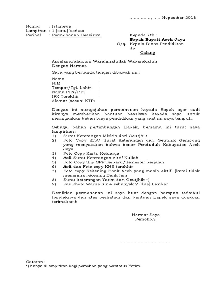 Contoh Permohonan Beasiswa Aceh Jaya 2018 | PDF