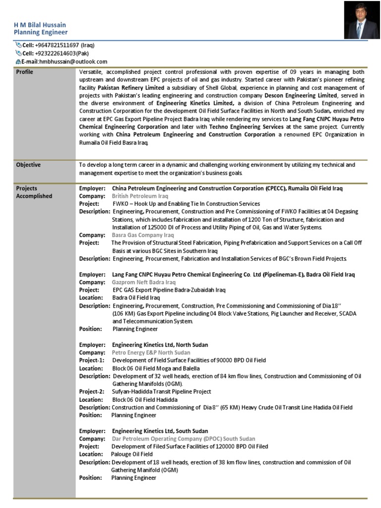 Resume Sample Planning Engineer | PDF | Oil Refinery | Bp