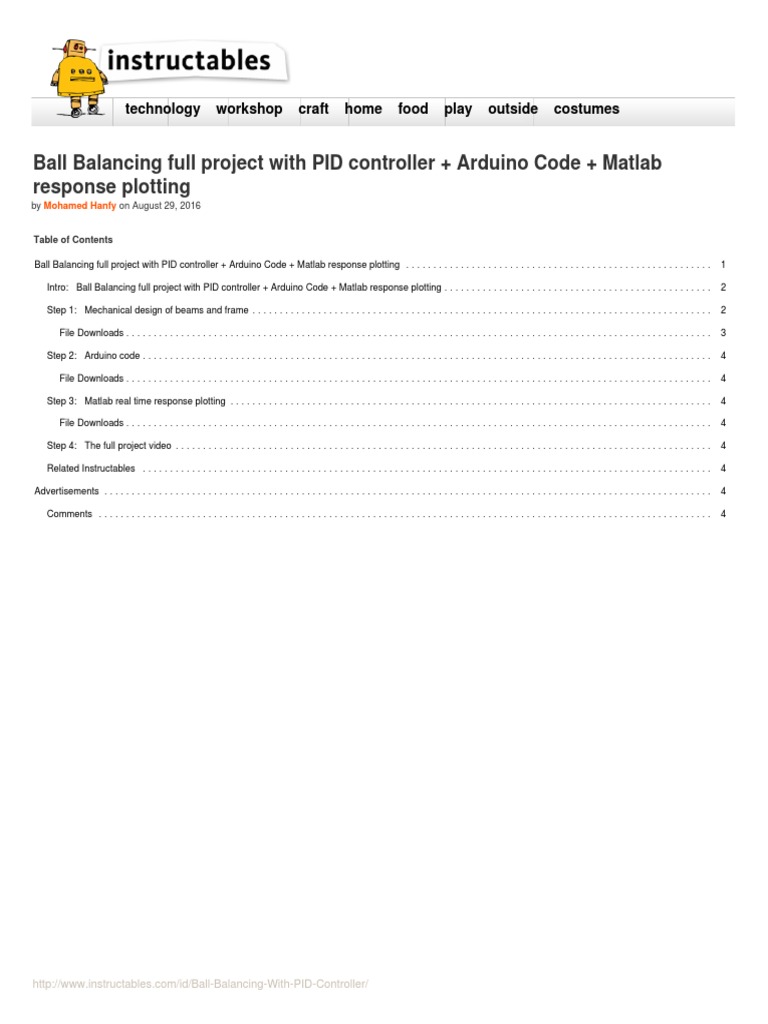 Ball Balancing Full Project With Pid Controller Arduino Code Matlab Response Plotting Pdf