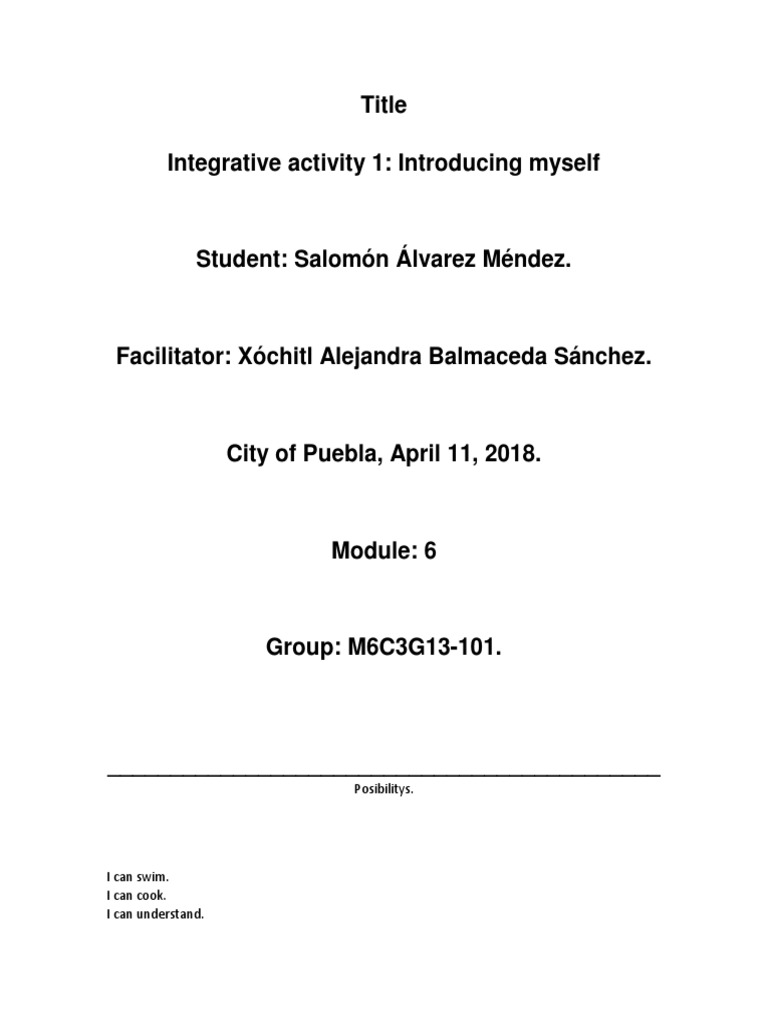 Title Integrative Activity 1: Introducing Myself: Posibilitys | PDF