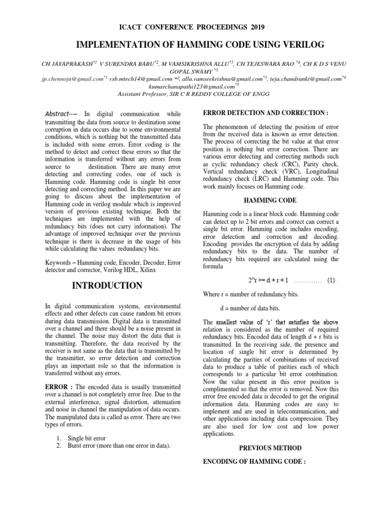 Implementation Of Hamming Code Using Verilog Abstract Pdf Error Detection And Correction Code