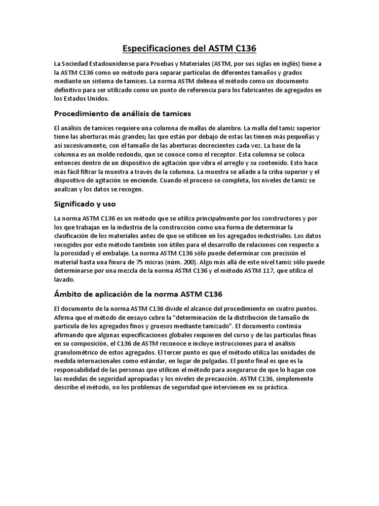 Especificaciones Del ASTM C136 | PDF | Informática y tecnología de la información | Science