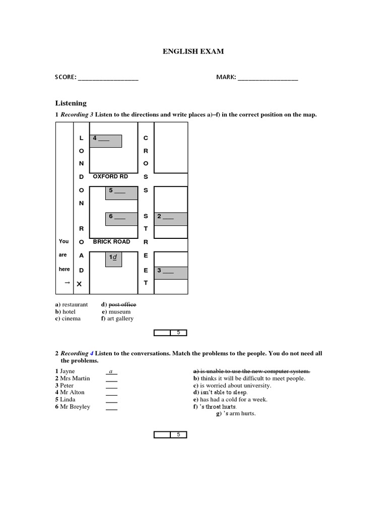 English Exam: SCORE: - MARK | PDF