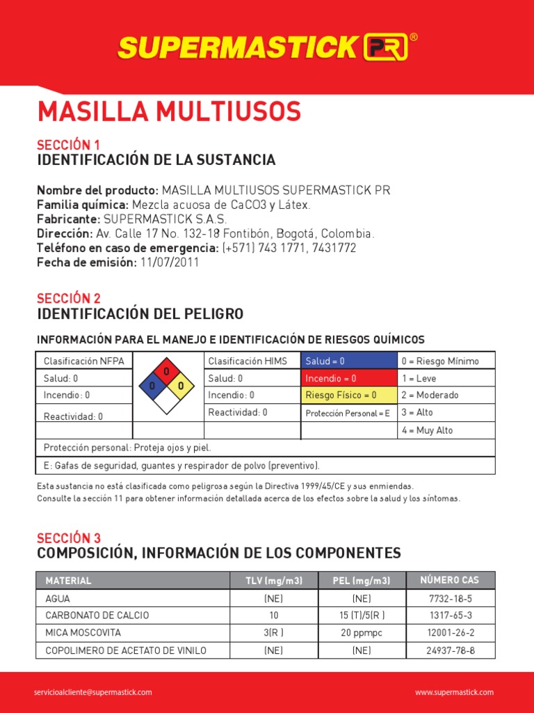 Hoja de Datos de Seguridad de la Masilla Multiuso Supermastick PR | PDF ...