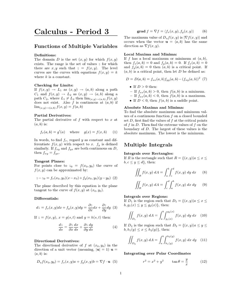 Calculus - Period 3: Functions of Multiple Variables | PDF | Maxima And ...