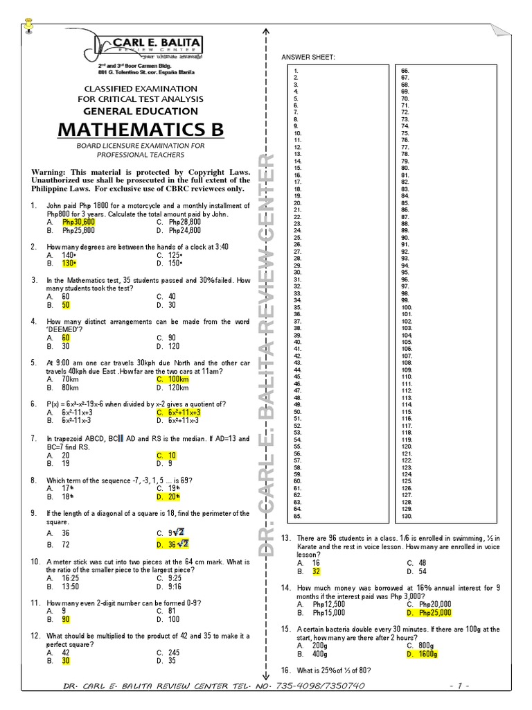 GEN ED Math B S2017 Ans Key PDF | PDF | Teaching Mathematics