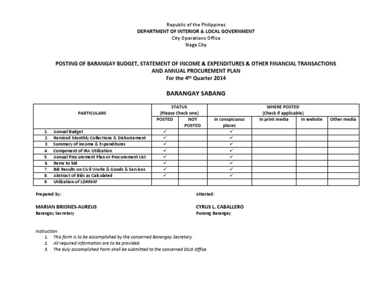 Posting of Barangay Budget, Statement of Income & Expenditures & Other ...