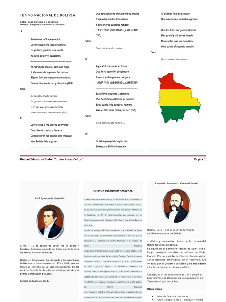 HIMNO NACIONAL DE BOLIVIA Mas Historia y Bibliiografia | PDF | Himnos ...