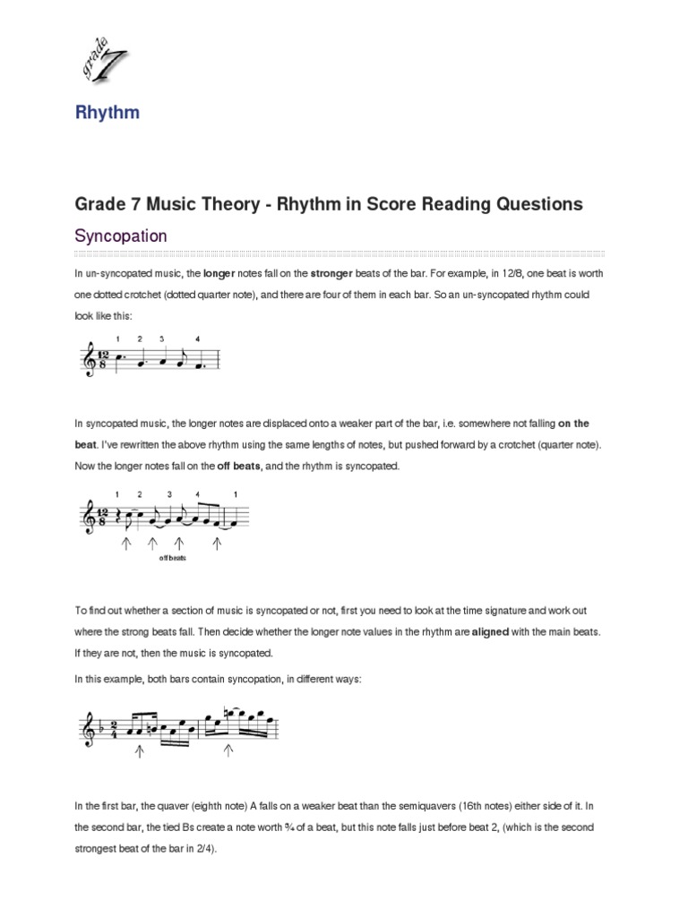 Rhythm: Grade 7 Music Theory - Rhythm in Score Reading Questions | PDF