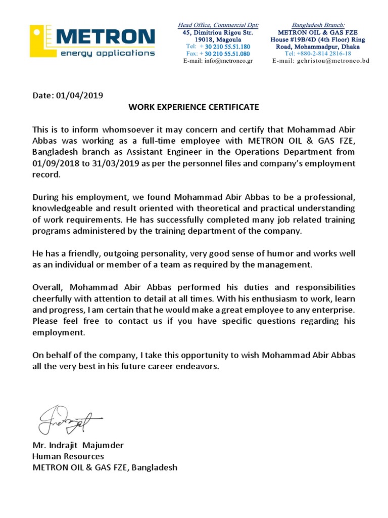 Work Experience Certificate (Signed) PDF | PDF