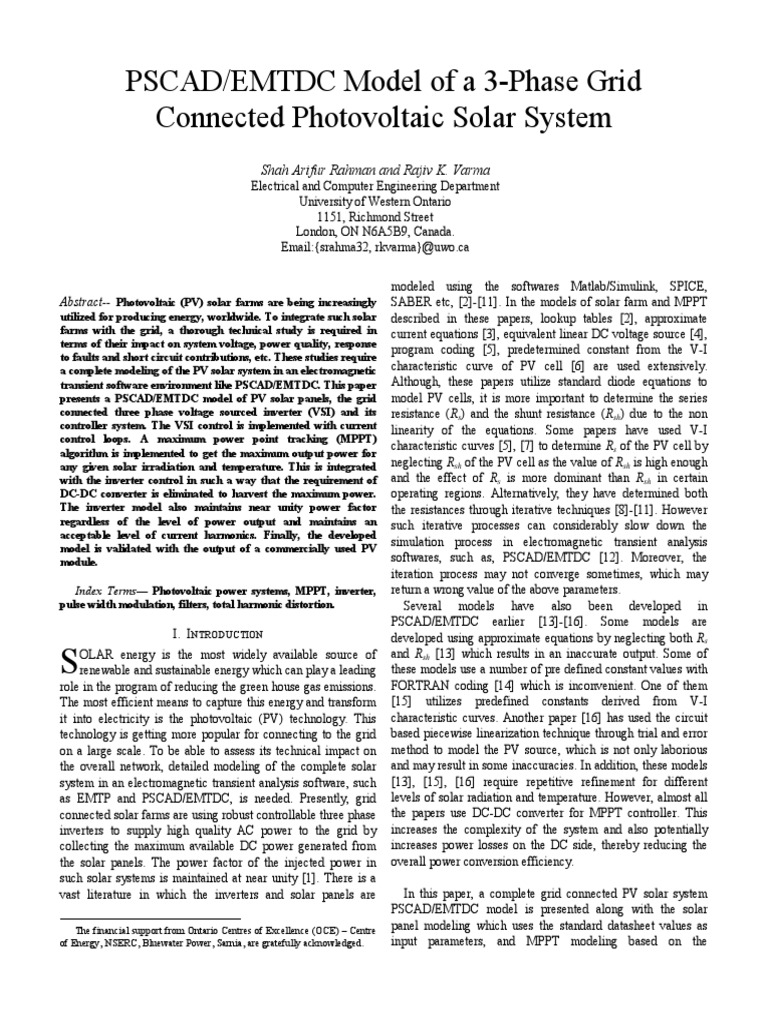PSCAD EMTD Model Of3phase Grid Connected Photovoltaic Solar System PDF ...