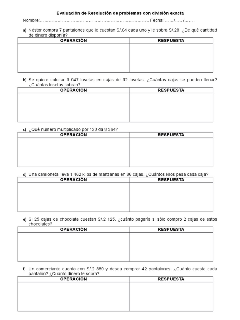 Ficha de Resolución de Problemas Con División Exacta | PDF | División ...