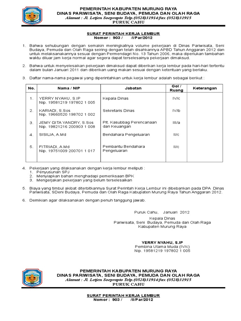 Surat Perintah Kerja Lembur 2012 | PDF