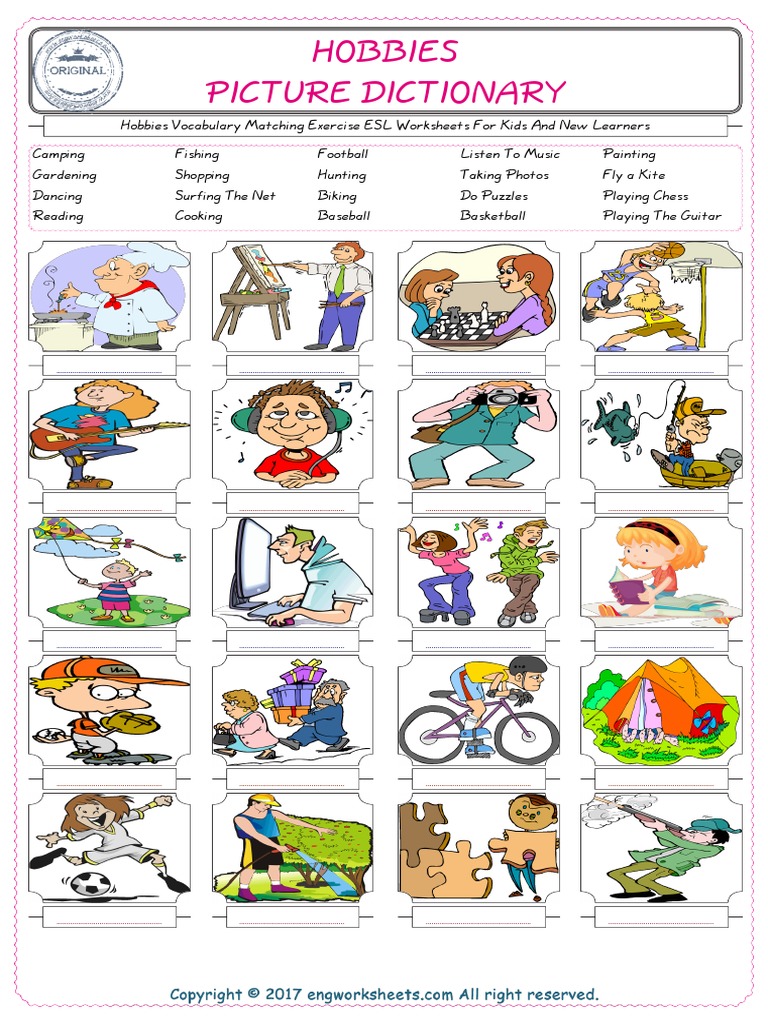 Hobbies Vocabulary Matching Exercise ESL Worksheets For Kids and New ...