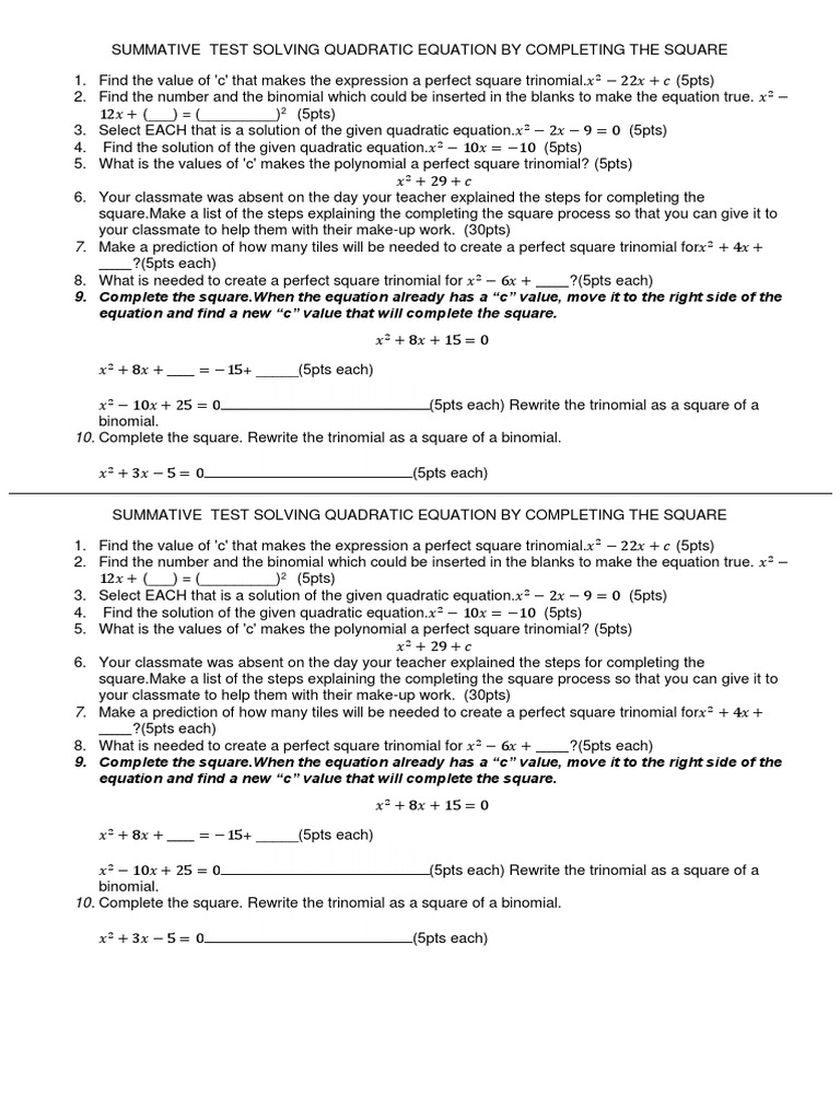 Summative Test Solving Quadratic Equation by Completing The Square ...