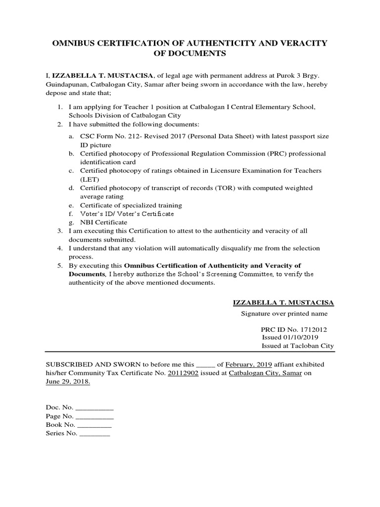 Omnibus Certification for Teacher Application | PDF | Finance & Money ...
