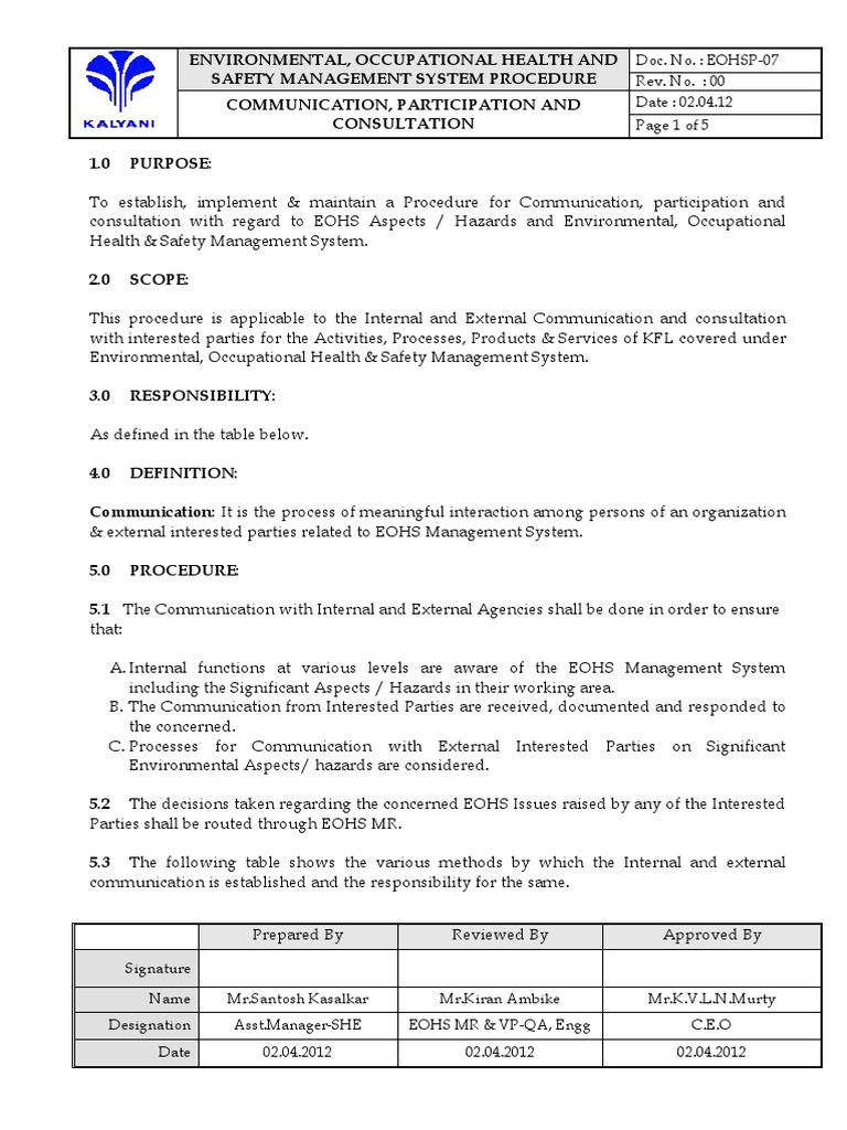 EOHSP 07 Communication Consultation Participation PDF | PDF | Occupational Safety And Health | Risk