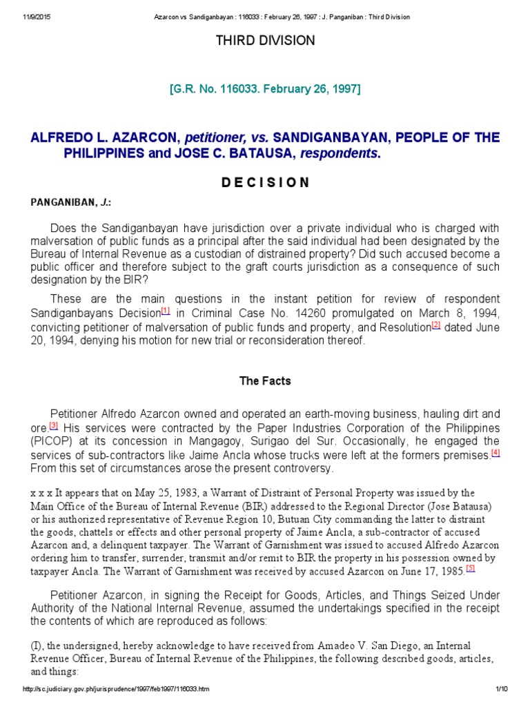 Alfredo L. Azarcon, Petitioner, vs. Sandiganbayan, People of The ...