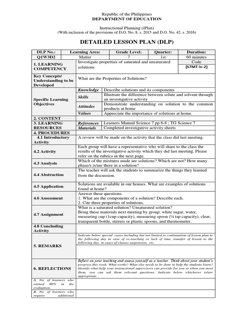 DLP-Bohol - Science7 - Q1 - W3 - D2 | PDF | Solution | Lesson Plan