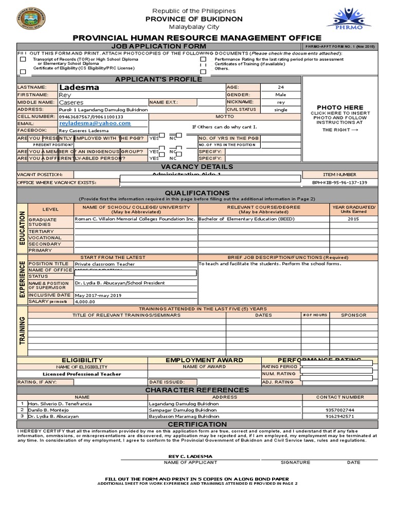 Job Application Form for Bukidnon | PDF | Educational Stages | Teachers