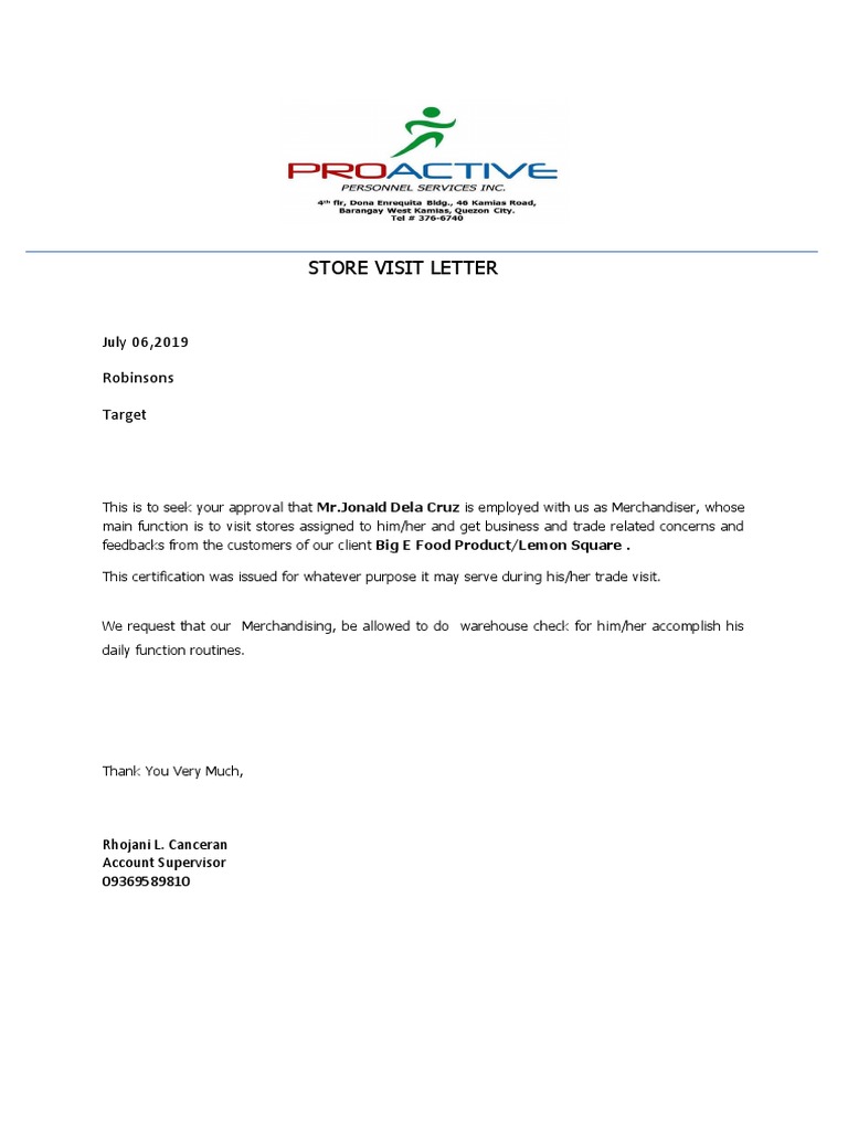 STORE-VISIT-Letter-robinson Jonald | PDF