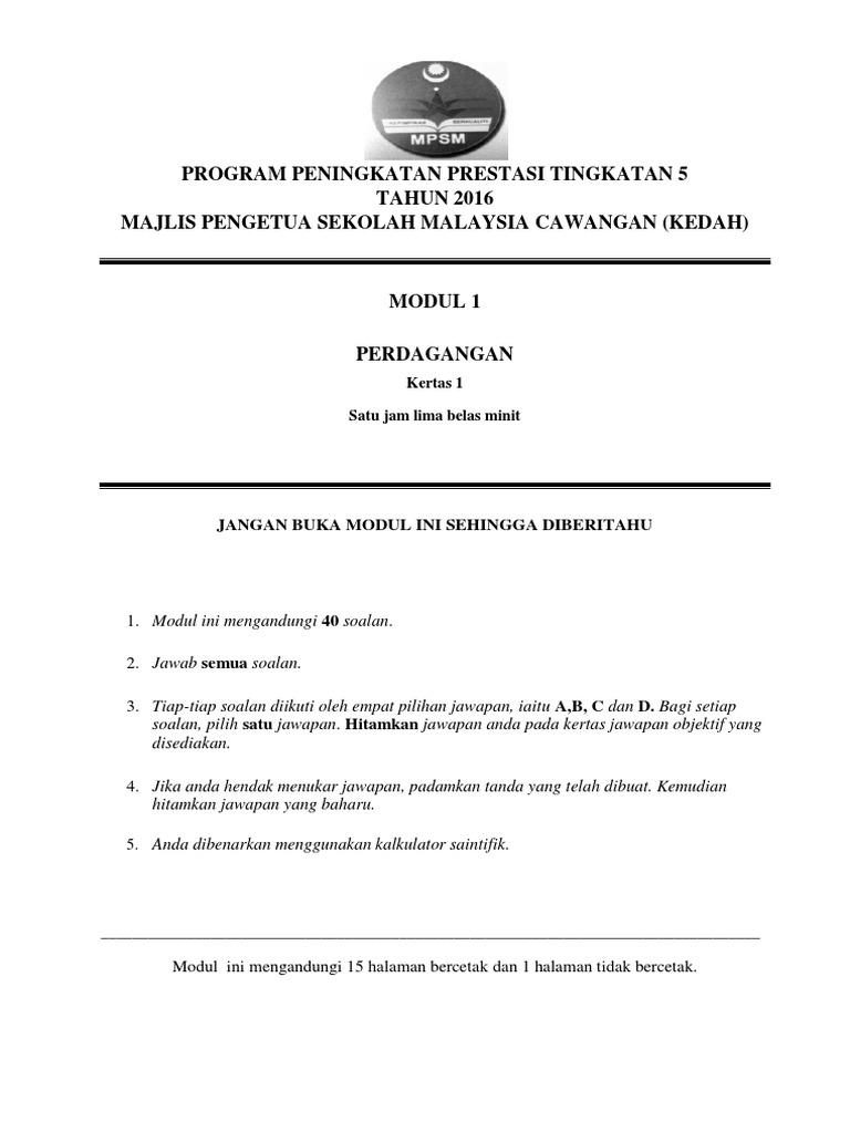 Soalan Modul 1 Kertas 1 MPSM 2016 PDF | PDF