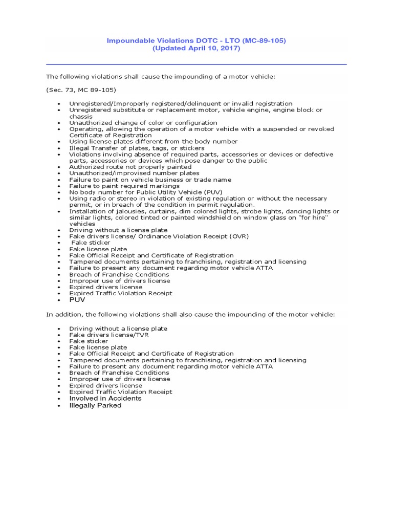 Impoundable Violations DOTC | PDF | Vehicle Registration Plate | Driver ...