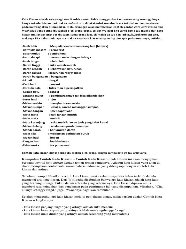Contoh dan Makna Kata Kiasan | PDF | Seni & Disiplin Bahasa | Kajian Bahasa Asing