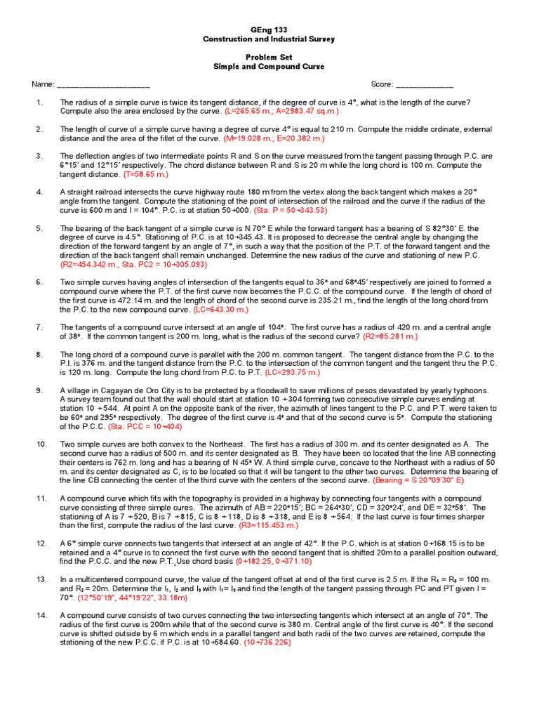 Problem Sets - Simple, Compound, Reverse Curved PDF | PDF | Angle | Tangent