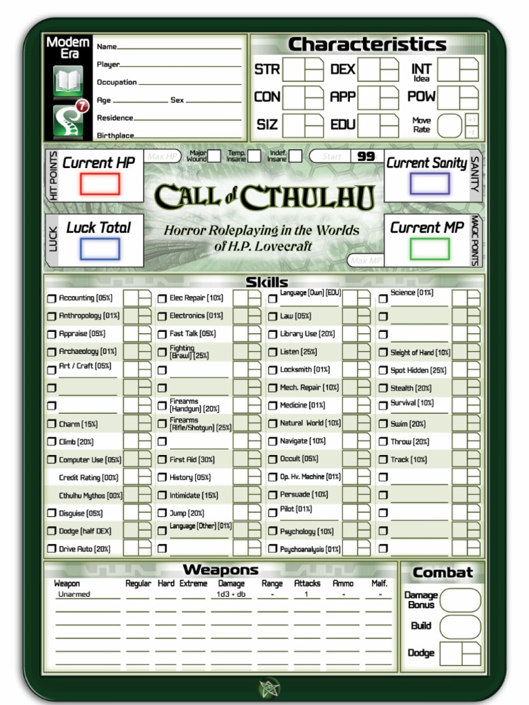 Character Sheet - Modern - Basic Autocalc - Call of Cthulhu 7th Ed PDF ...