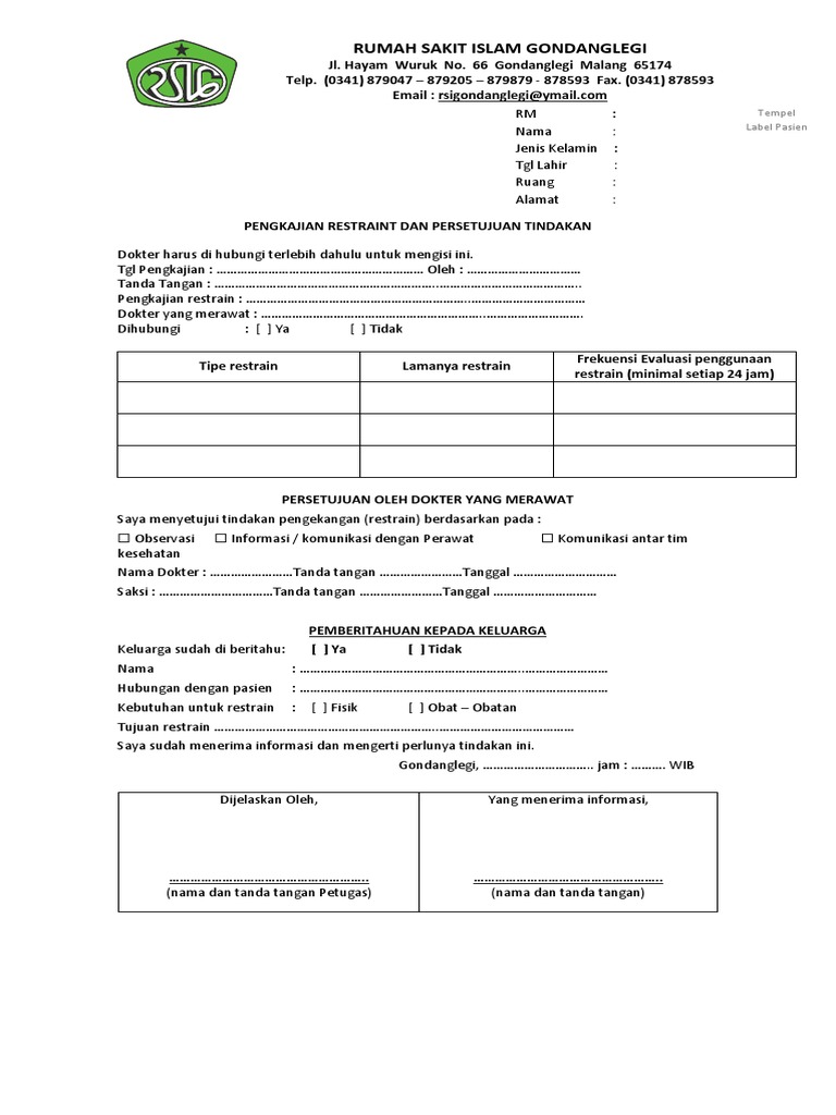 Form Pengkajian Restraint Dan Persetujuan Tindakan | PDF