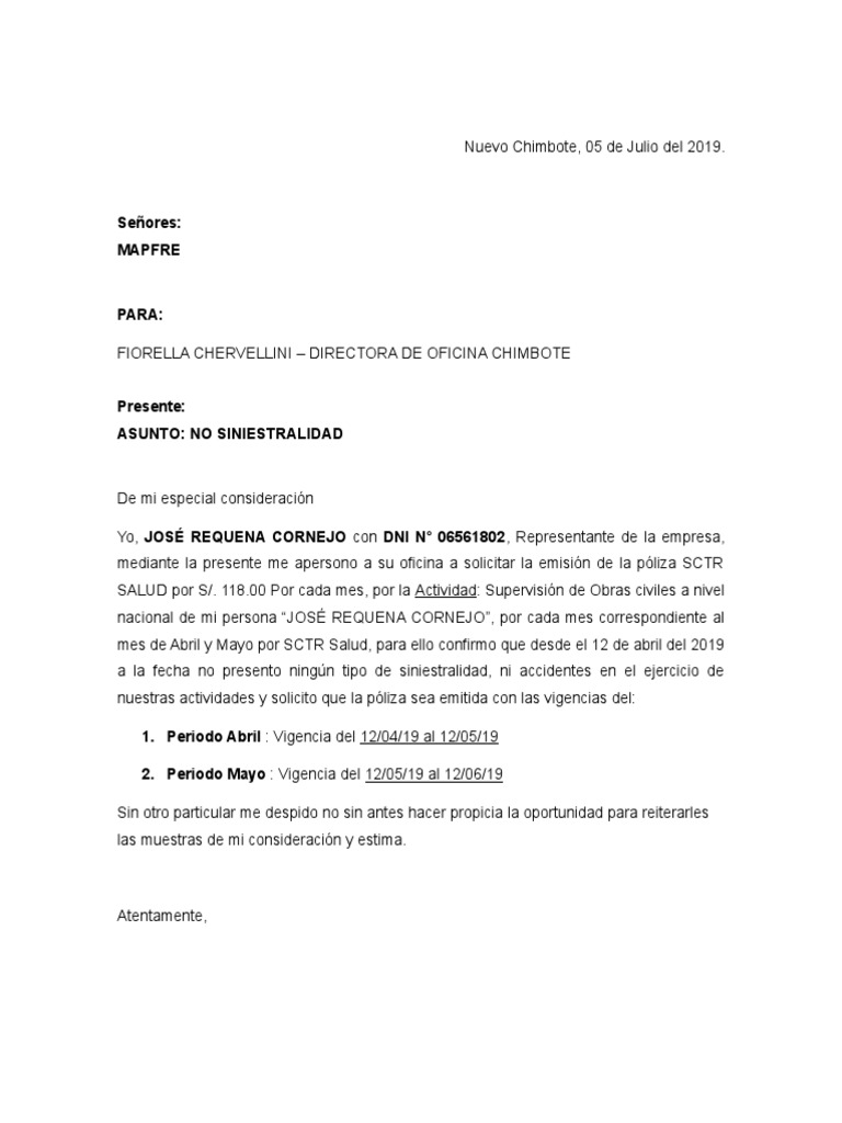 Carta de No Siniestralidad 16-02 | PDF