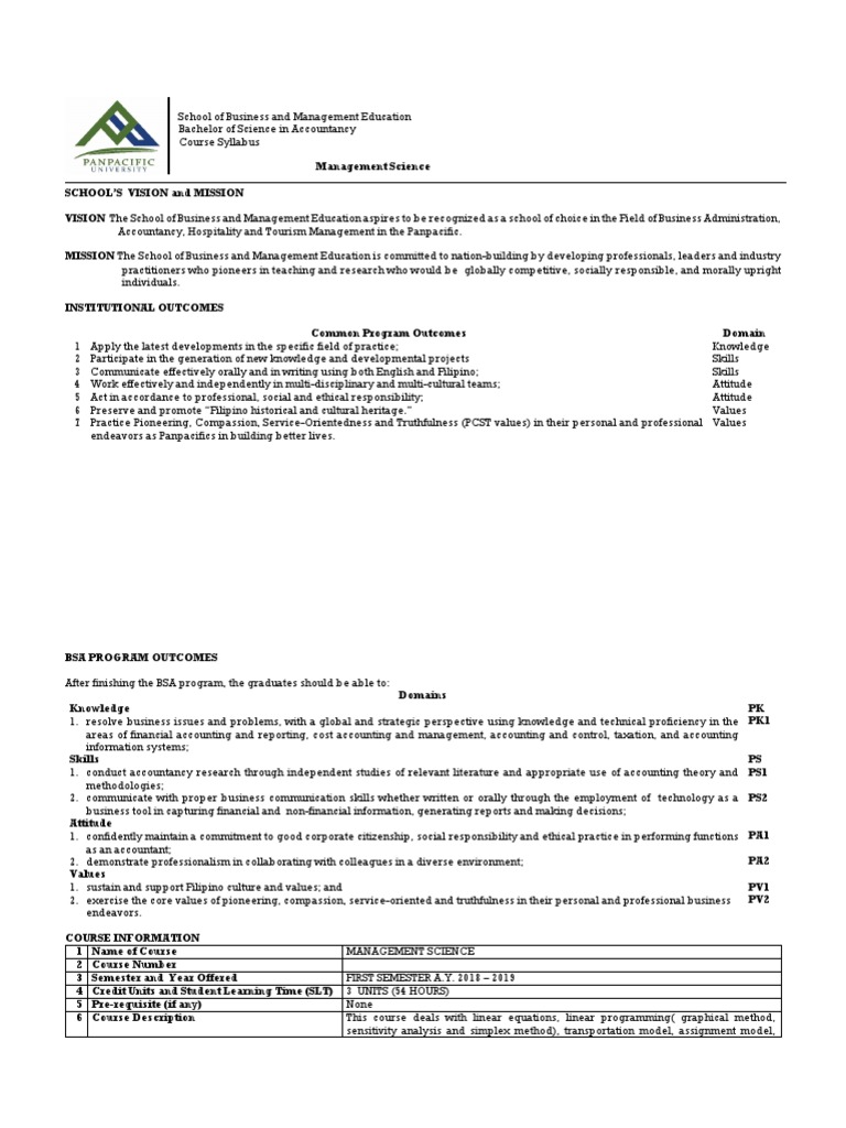 Management Science Syllabus | PDF | Linear Programming | Test (Assessment)