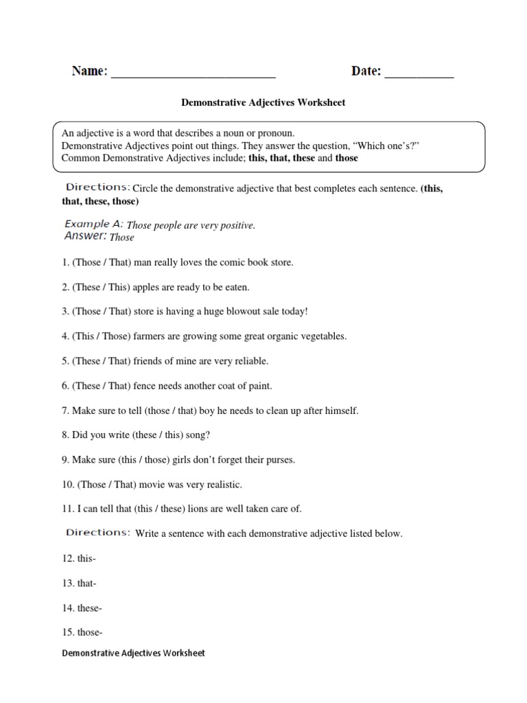 Demonstrative Adjectives Worksheet | PDF | Adjective | Syntactic ...