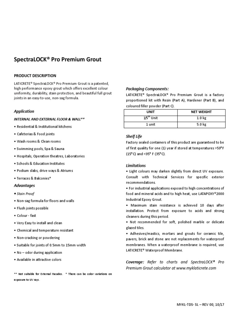 Spectra Lock Pro Premium Grout Technical Data Sheet 1 | PDF | Epoxy | Acid