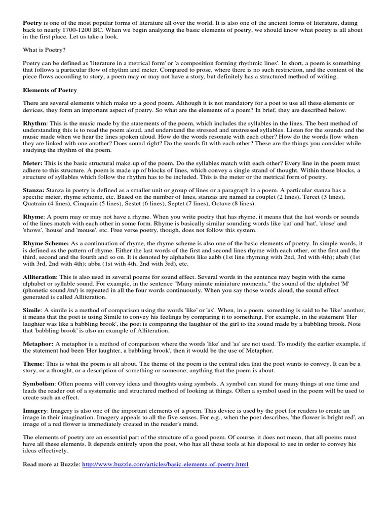 Elements Features of Poetry | PDF | Metre (Poetry) | Poetry