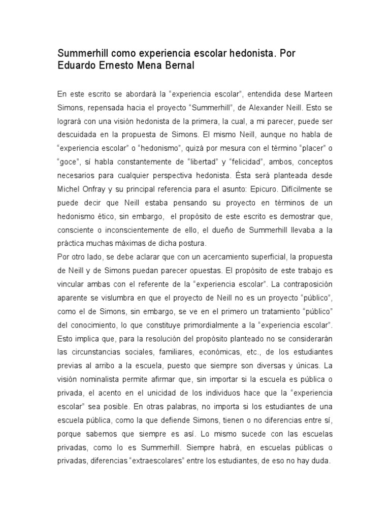 Summerhill Como Experiencia Escolar Hedo PDF | PDF | Hedonismo | Conocimiento