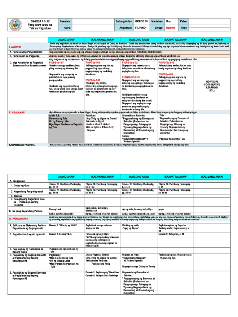 6 DLL IN FILIPINO 10. Aralin 1.6 | PDF