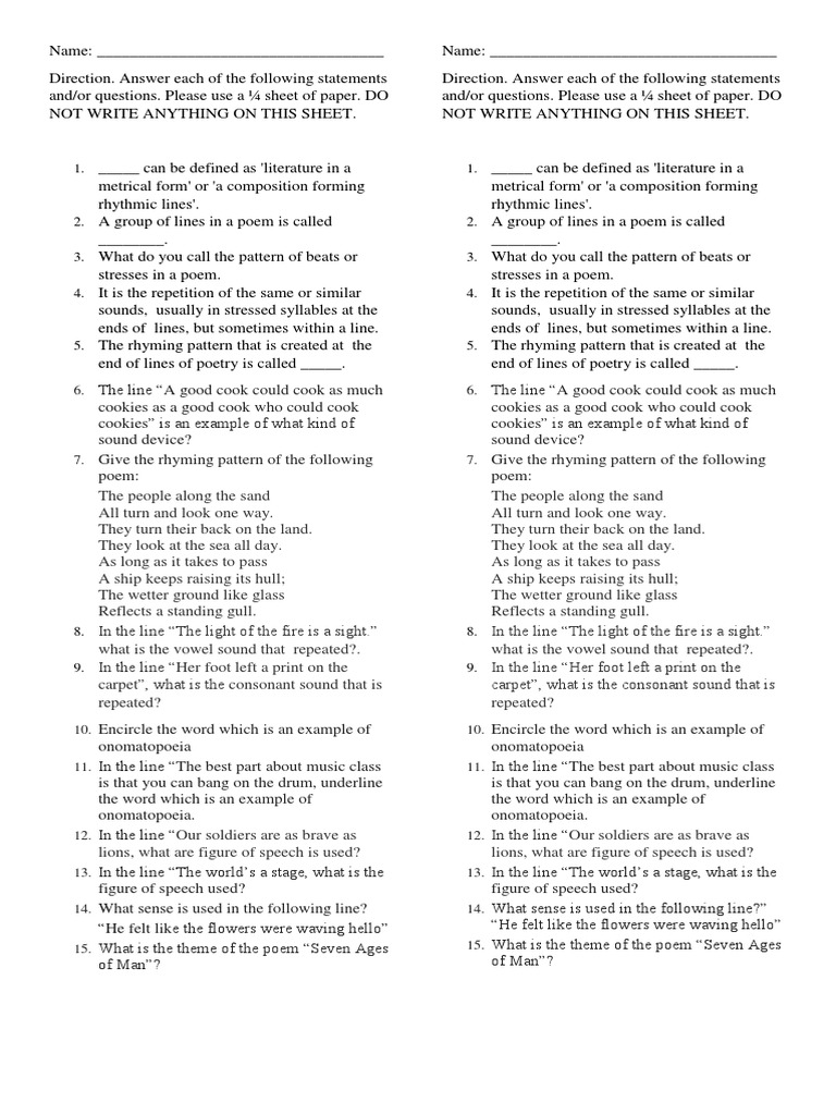 Elements of Poetry Quiz | PDF | Metre (Poetry) | Poetry